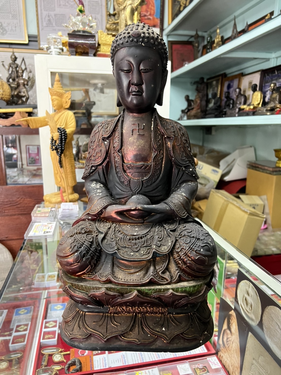 พระยูไลไม้แกะเก่า ขนาดใหญ่ Old phra yulai wood carved big bucha size ...